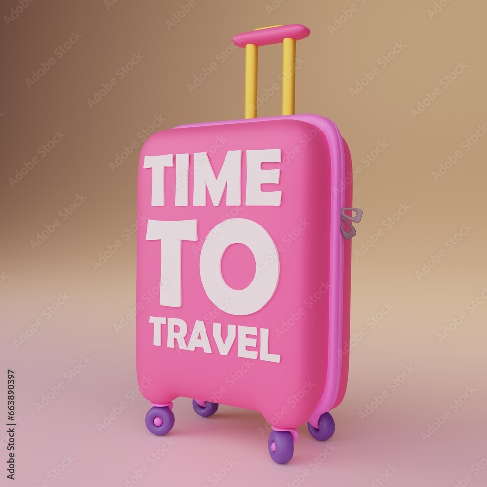 Cute 3d illustration of cartoon pink and yellow suitcase against ...