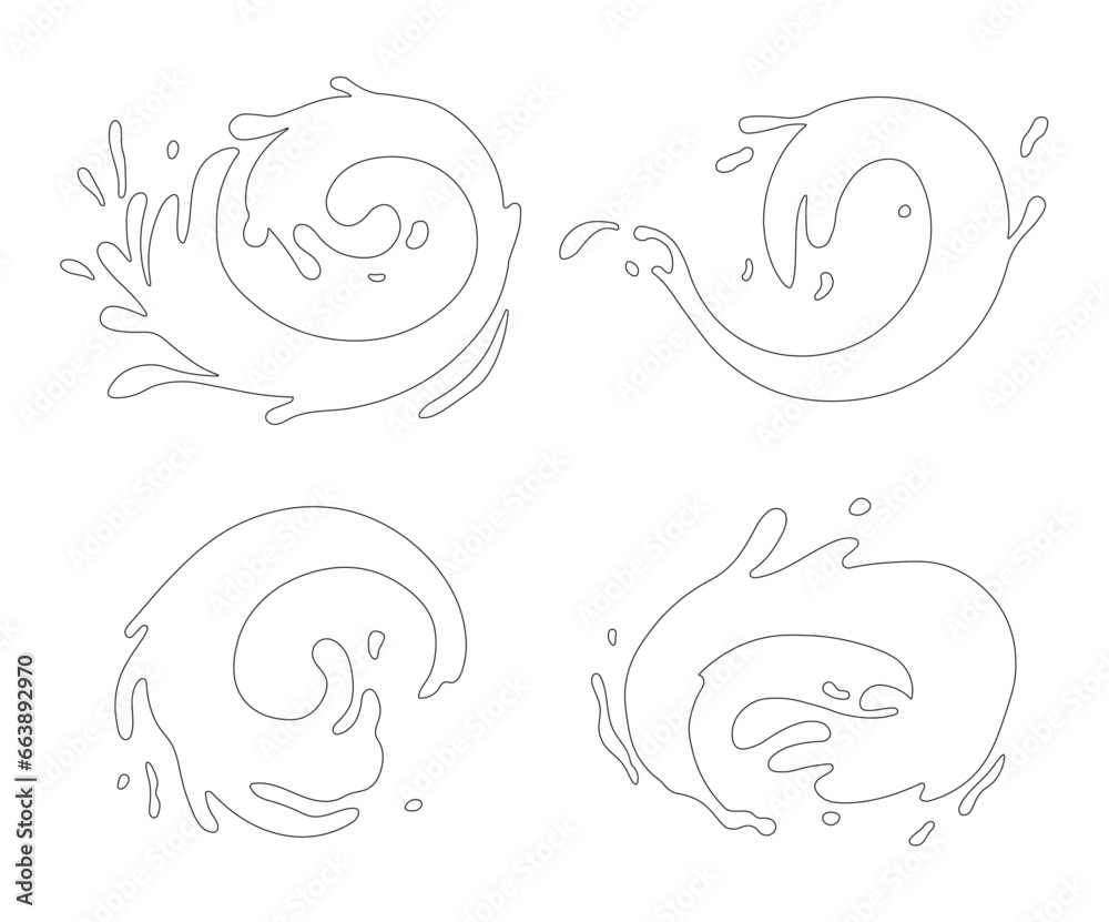 Water and juice splash liquide. Black doodle line. A spill shape ...