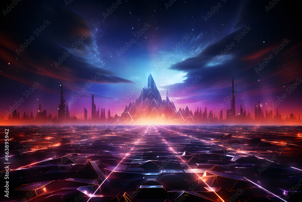 Synthwave wireframe net illustration with smoke or fog Neon square ...