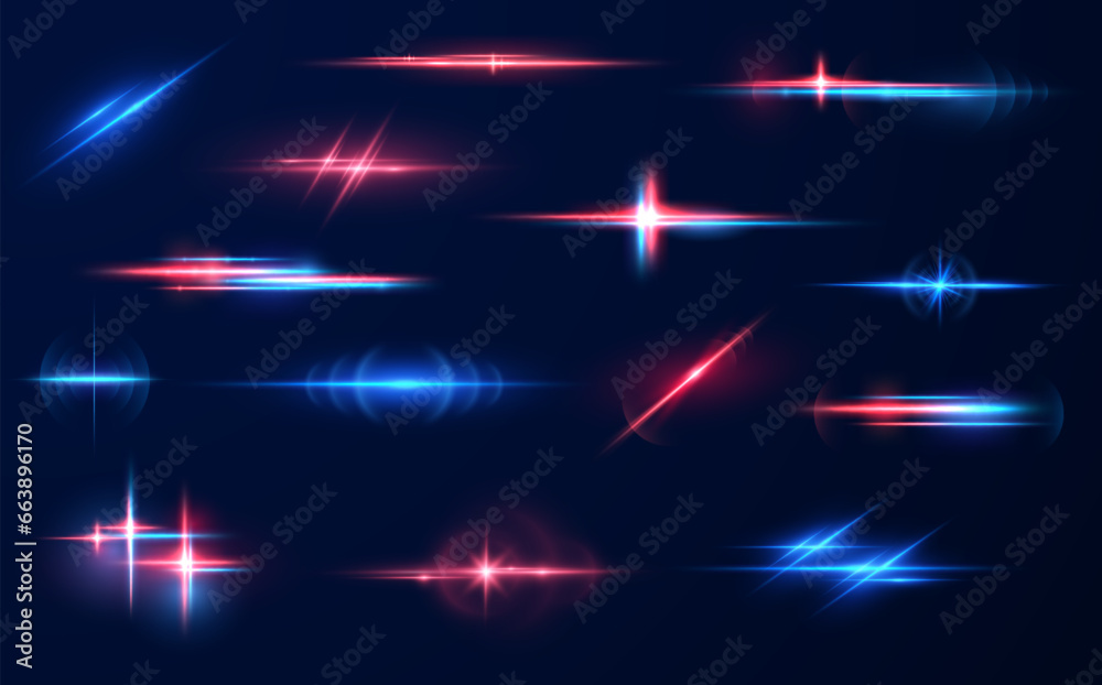 Realistic light reflections, neon illumination in red and blue colors ...