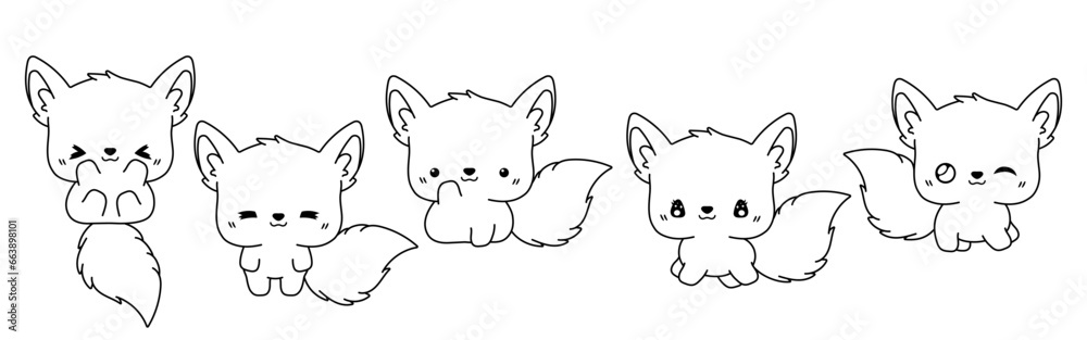 Set of Kawaii Isolated Fox Coloring Page. Collection of Cute Vector ...