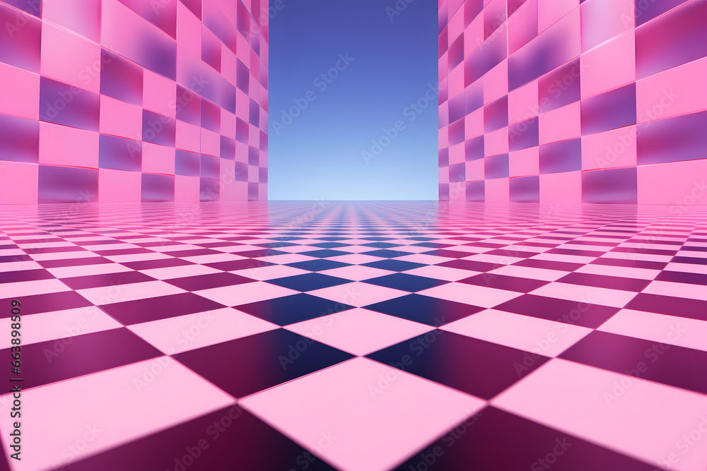 Retro grainy pattern with black and white checkered floor, vaporwave ...
