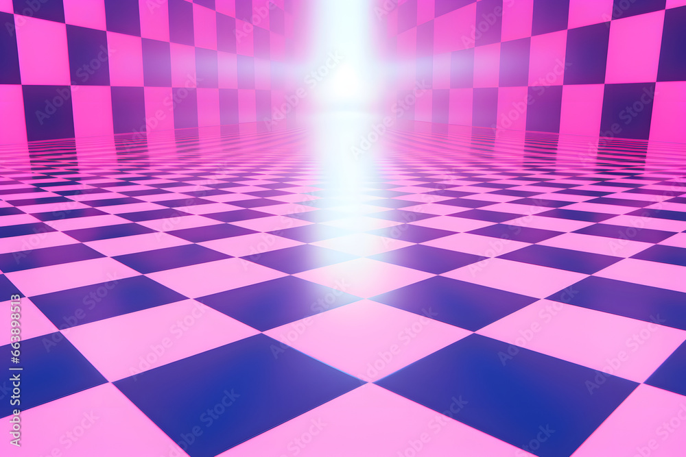 Retro grainy pattern with black and white checkered floor, vaporwave ...