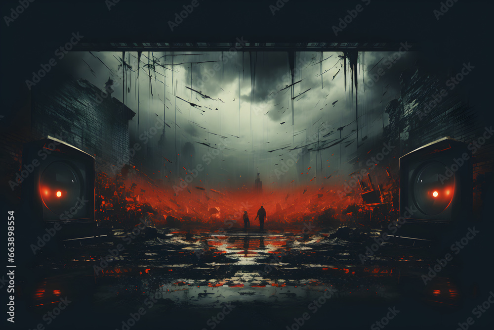 Retro CCTV or VHS video white noise background texture with red ...