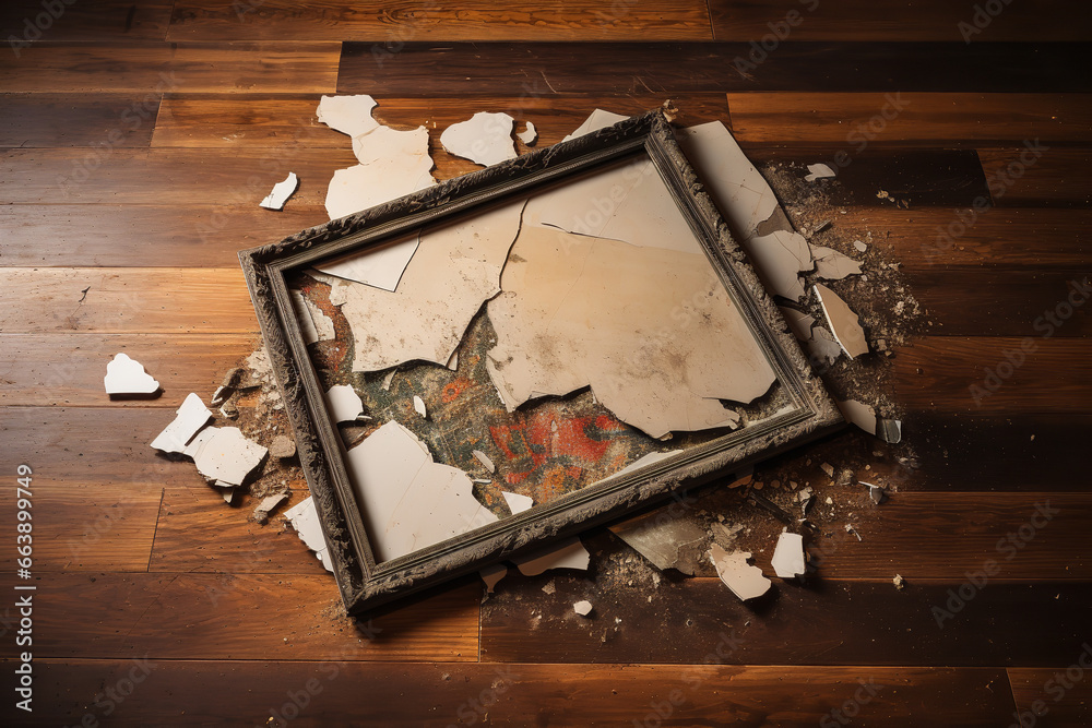 A broken frame lies on a hardwood floor, symbolizing the shame of ...