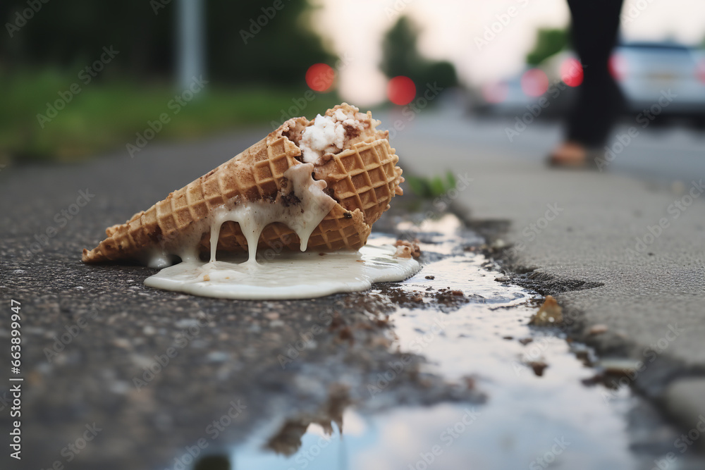 A dropped ice cream cone lies melting on a sidewalk, reflecting the ...
