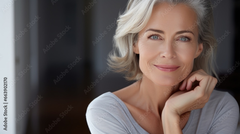 Beautiful 50 year old woman with clean fresh skin on a light background ...
