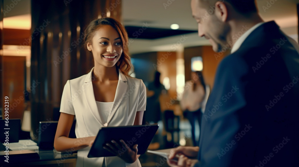 CHECKING IN VIP CLIENTS AT A LUXURY HOTEL USING A DIGITAL TABLET. image ...