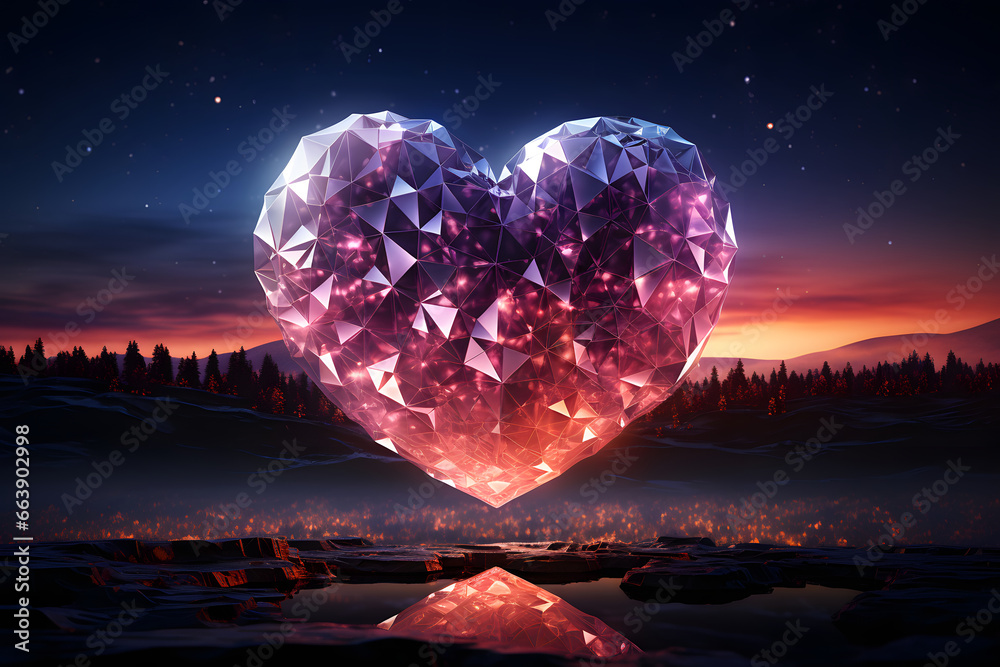 Heart shape with Synthwave wireframe net illustration. Abstract digital ...