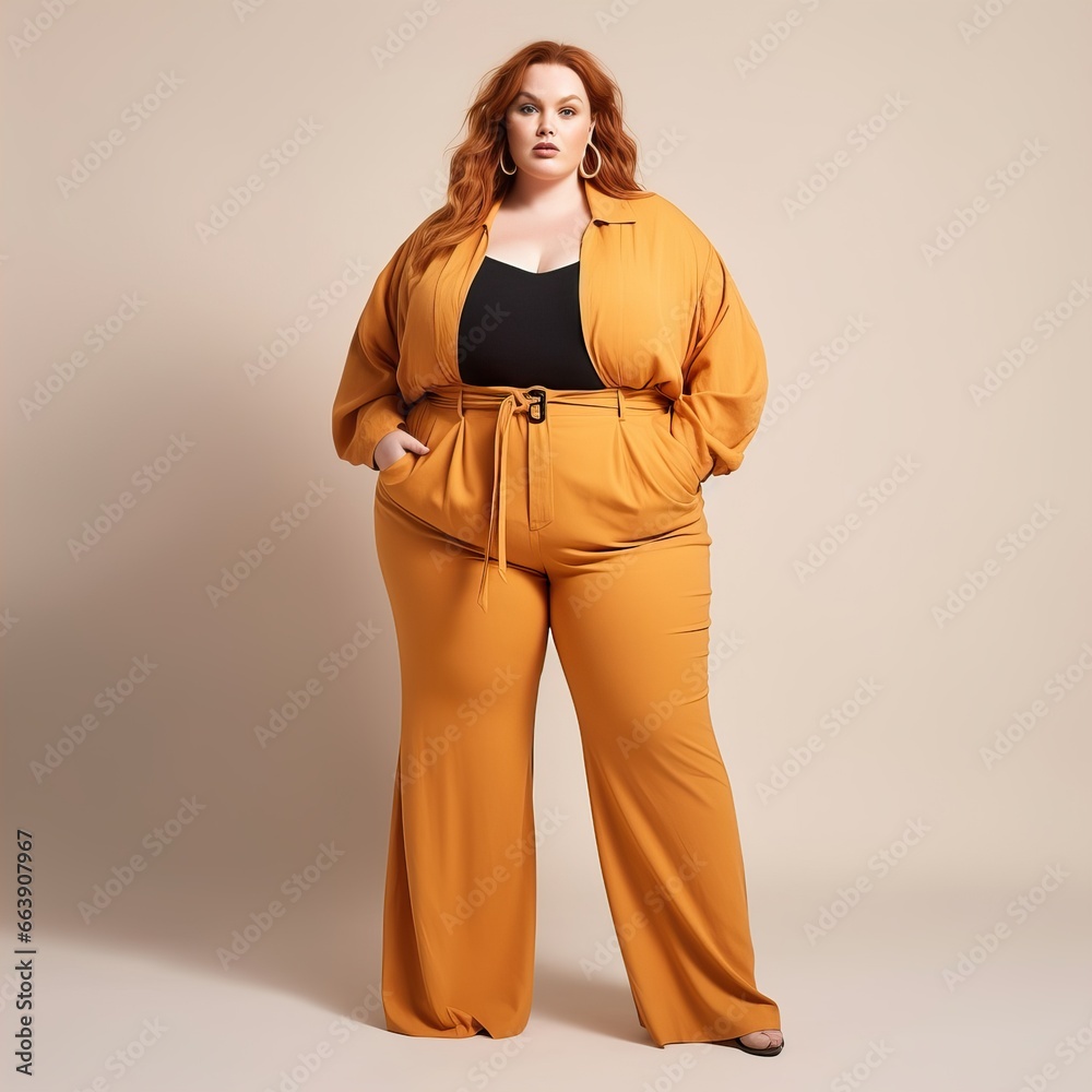 Beautiful young lady plus size model posing on solid color studio ...