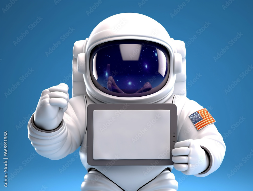 Cartoon astronaut in 3D holding the tablet with a blank screen ...