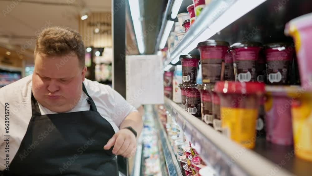 Serious overweight male supermarket worker in a white T-shirt and black ...