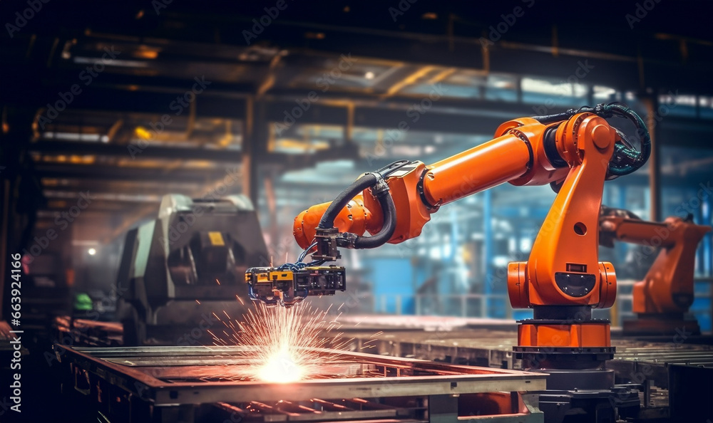 Smart factory with robot production. Robotic arm futuristic hud ...