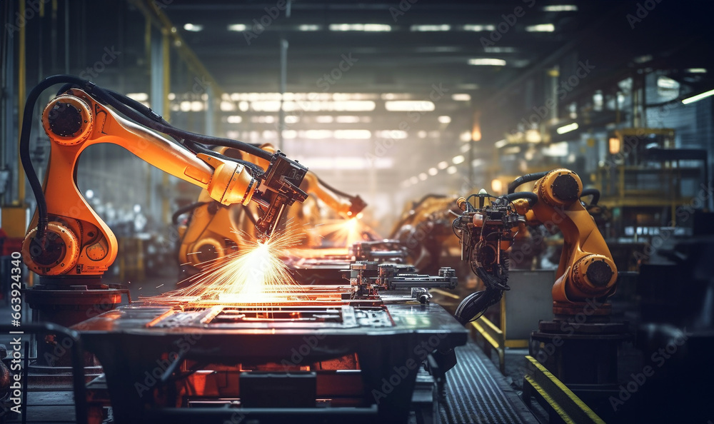 Smart factory with robot production. Robotic arm futuristic hud ...