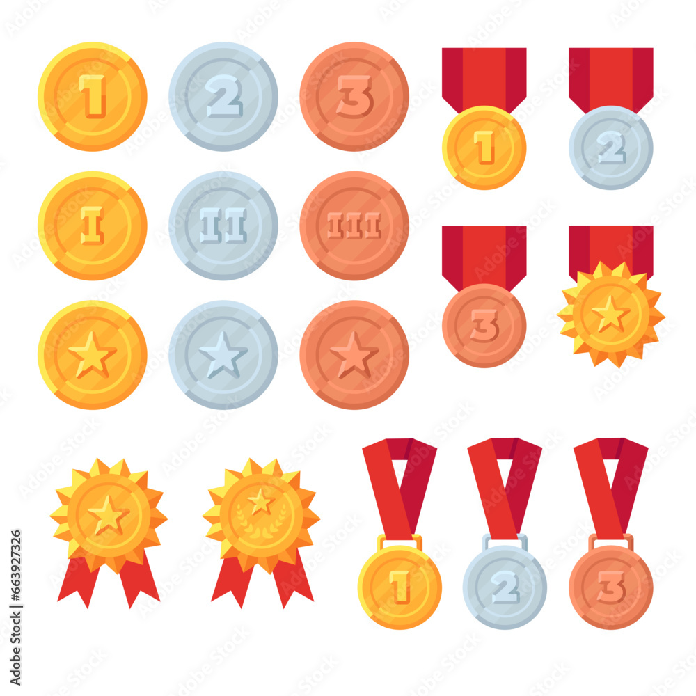 Gold , silver, and bronze medals with ribbons. Flat illustrations of ...
