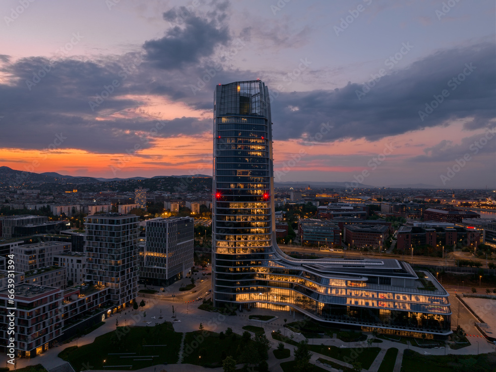 Aerial skyline view about the famous Mol campus modern office building ...