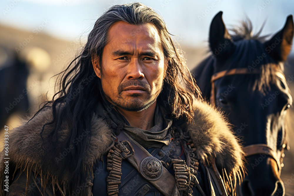 male warrior of Asian Kazakh in ancient historical armor with a horse ...