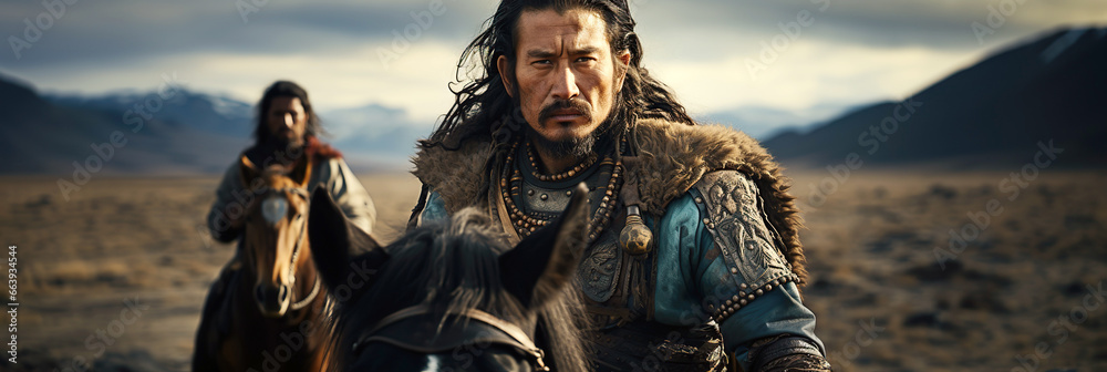 male warrior of Asian Kazakh in ancient historical armor with a horse ...