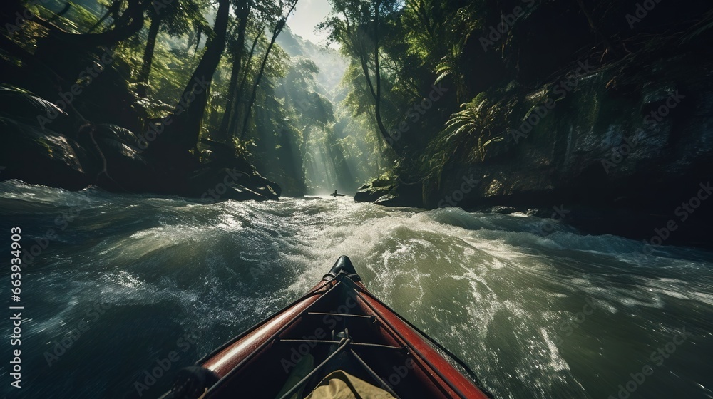 First-person view, a man canoes at high speed down a treacherous river ...