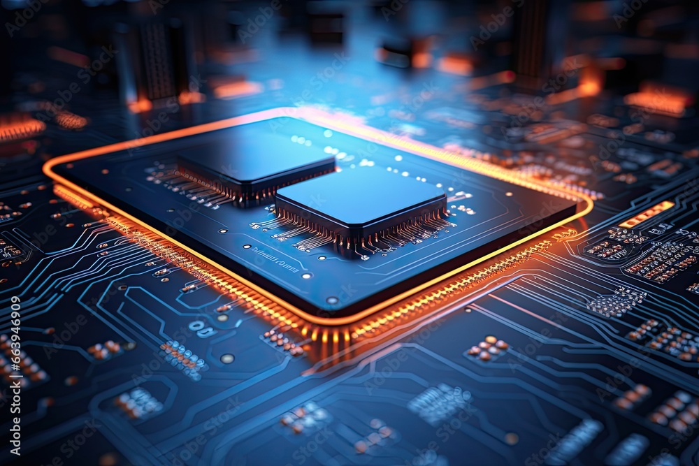 Highly rendering of microchip in blue light on circuit board background ...