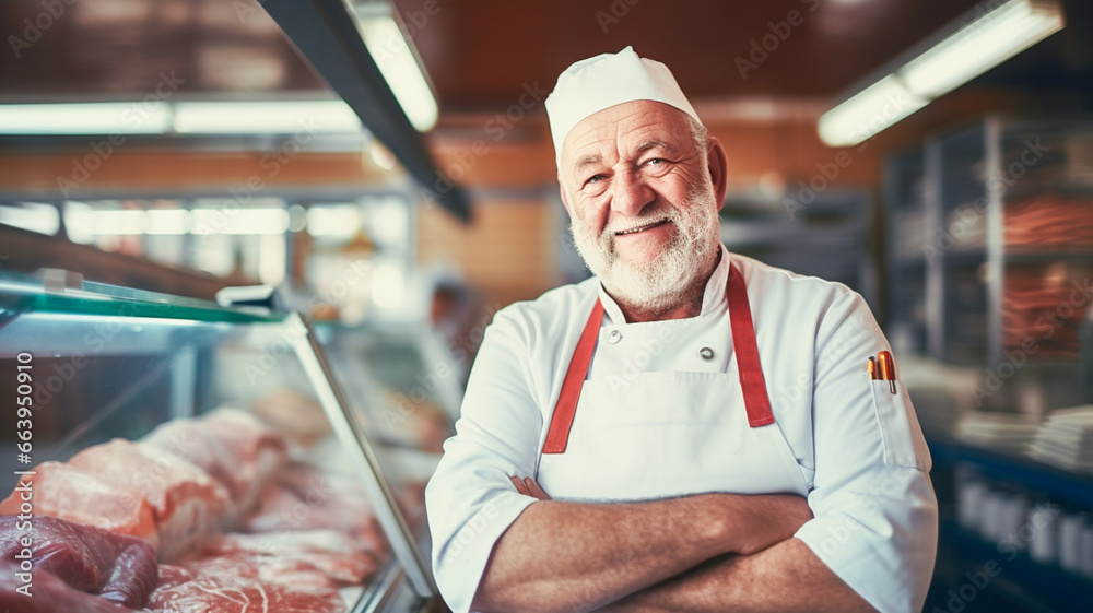 Portrait of senior male butcher wearing hair net behind counter of meat ...