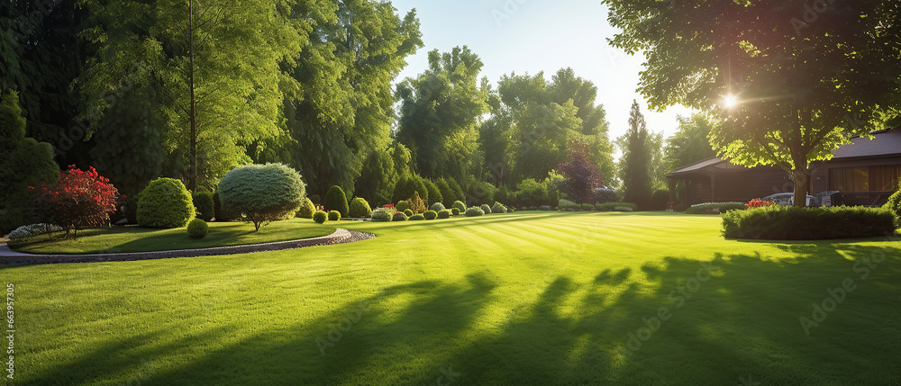 Beautiful manicured lawn and flowerbed with deciduous shrubs on plot or ...