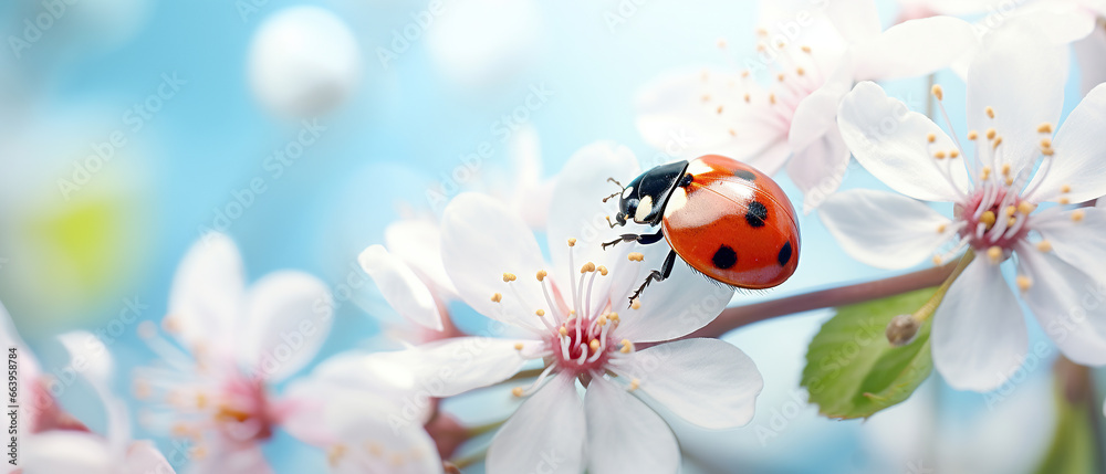 Ladybug close-up on a fluffy flower spring or summer outdoors macro ...