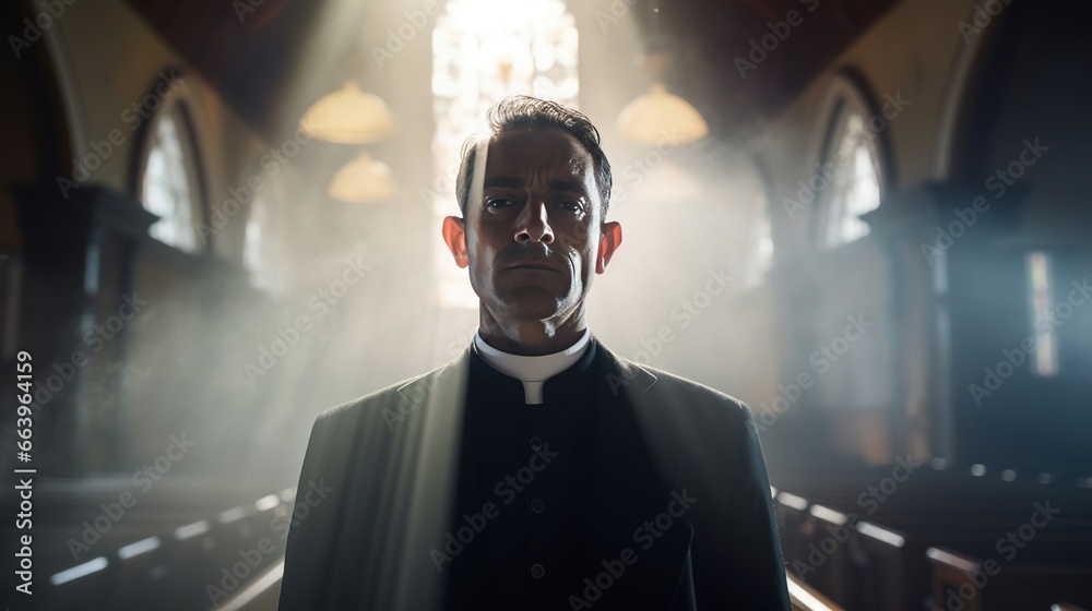 Victorian-era portrait of a Catholic priest inside a church, mysterious ...