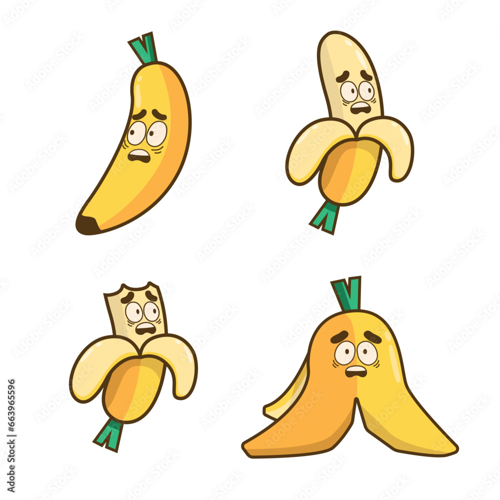 Banana with a scared face on whole fruit, peeled, bitten, and peel on a ...