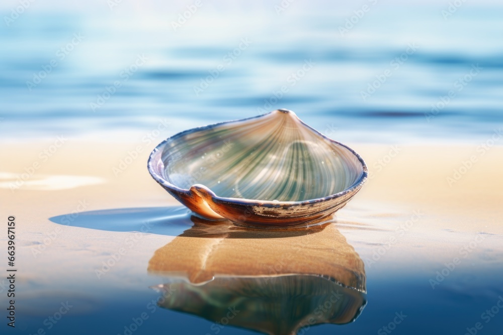 Charming marine banner. Half Giant pearlescent shell on a shoal, deep ...