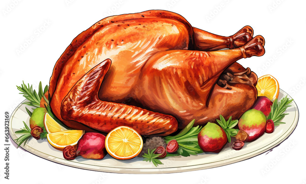 Roasted chicken on a plate with salad. Hand drawn oil painting ...