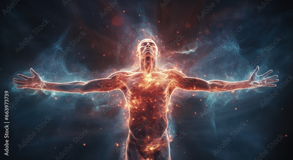 Healthcare, human body hologram with full body scan, bones, organs ...