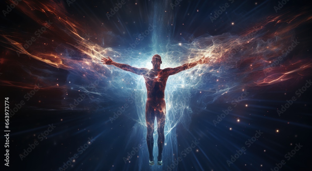 Healthcare, human body hologram with full body scan, bones, organs ...