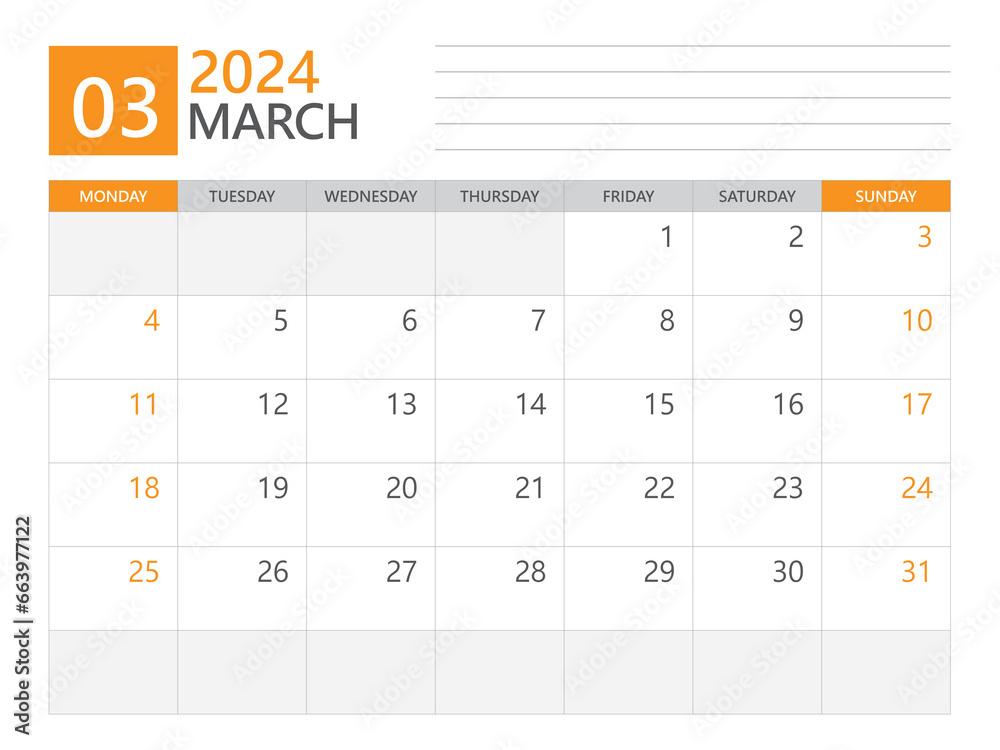 March 2024 template, Calendar planner 2024, week start on Monday, Desk ...