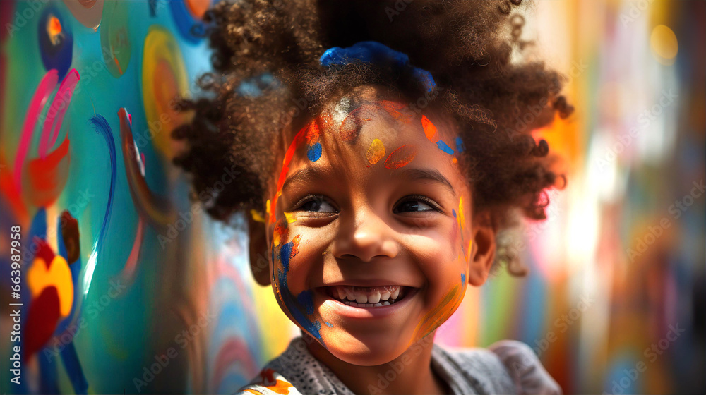 Portrait of adorable African little girl, lean against of wall with ...