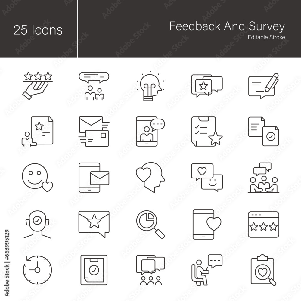 Feedback And Survey line icon set. 25 editable stroke vector graphic ...