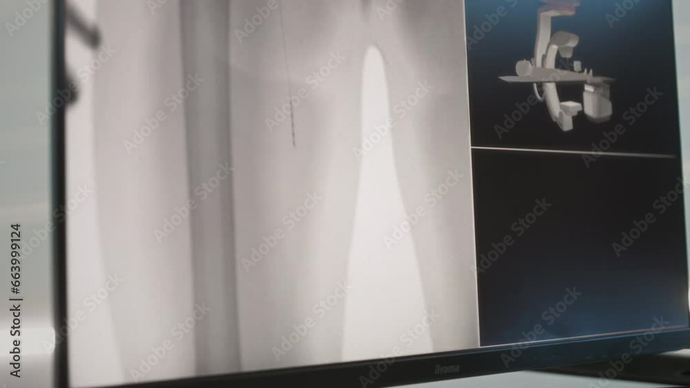 Thrombectomy, mri scan screen. Surgeons perform an operation to remove ...