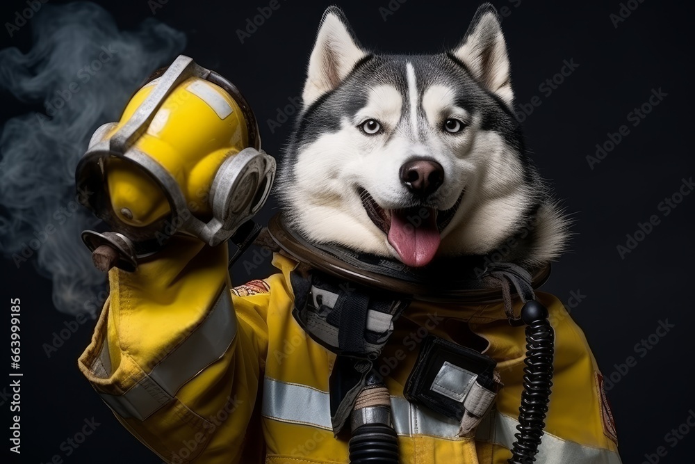 Husky in a fireman's uniform holds a fire hose in its paws and puts out ...