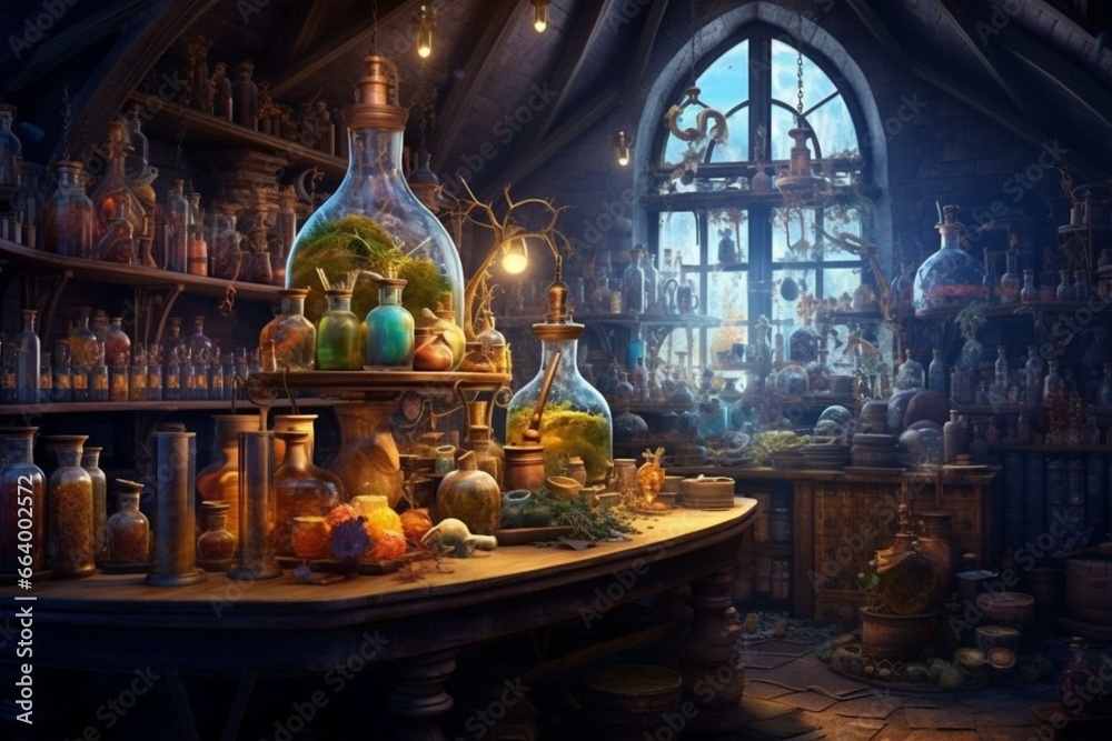 Fantasy alchemy lab with potions, reagents, and illustrations ...