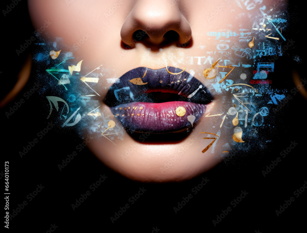 Lady with words written around the lips from a mouth, in the style of ...