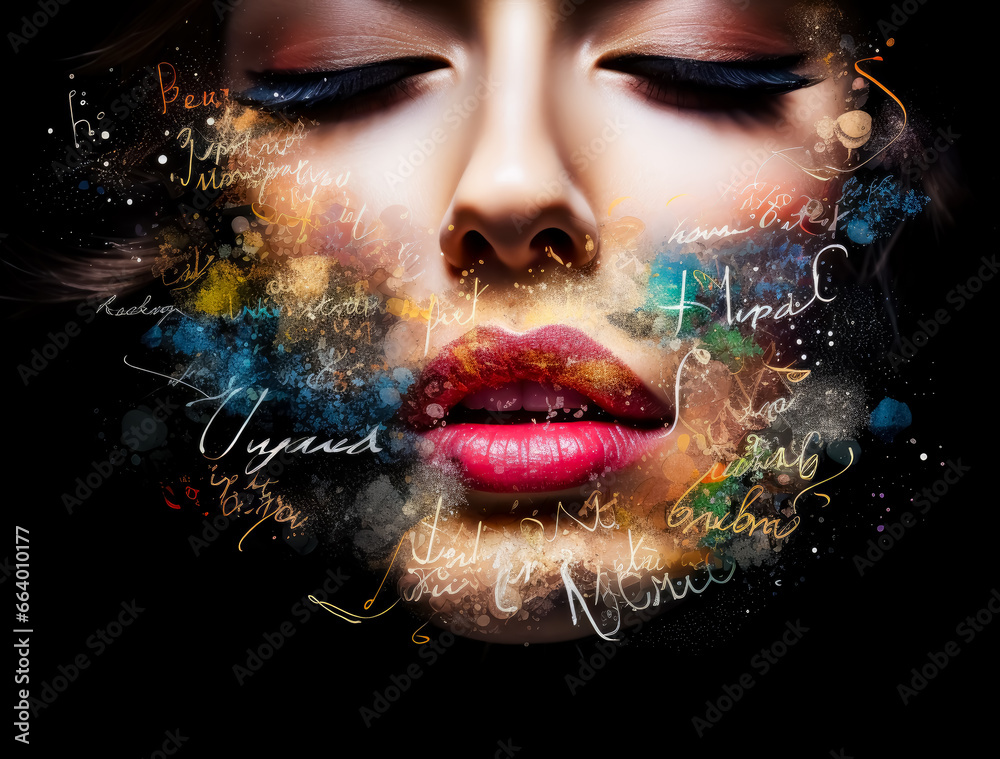 Lady with words written around the lips from a mouth, in the style of ...