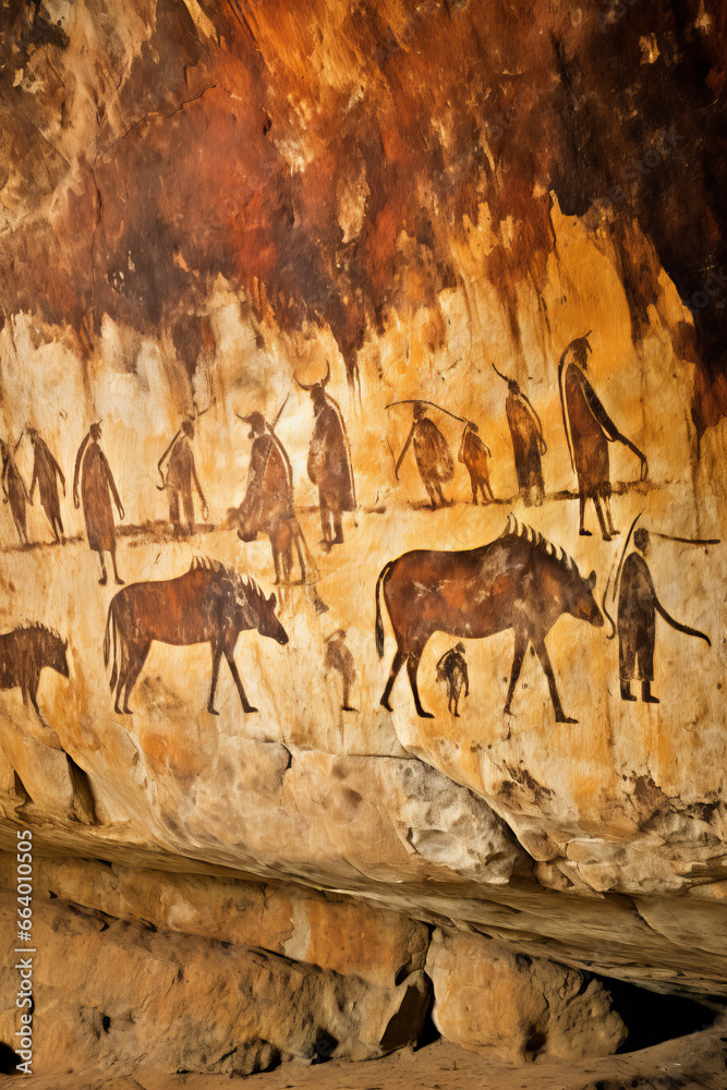 Old cave drawings of primitive people, stone age art, ancient history ...