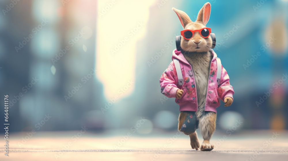 Rabbit Walking on a sidewalk in costume, in the style of hip hop ...