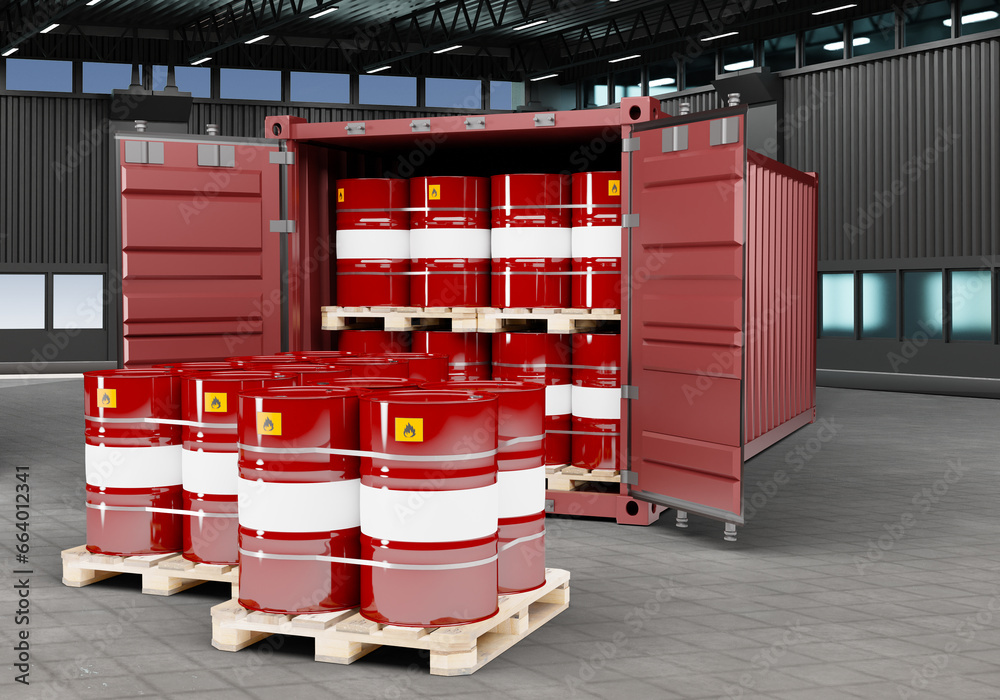 Sea container with barrels. Oil inside industrial hangar. Petroleum ...