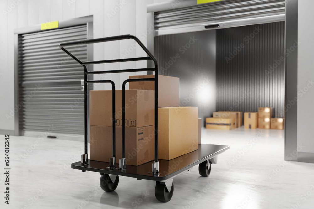 Cargo trolley in warehouse. Storage unit inside building. Cargo trolley ...