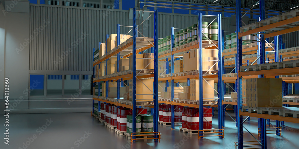 Warehouse enterprise. Industrial building with shelving. Cardboard ...