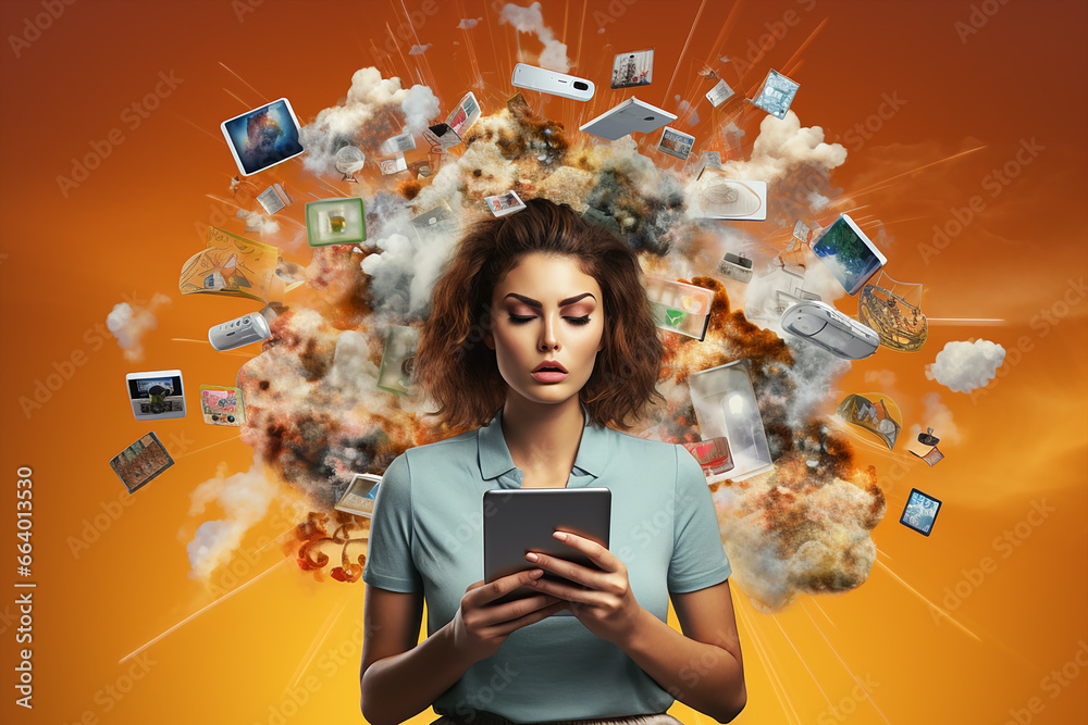 collage illustration of a woman overwhelmed by virtual connections and ...