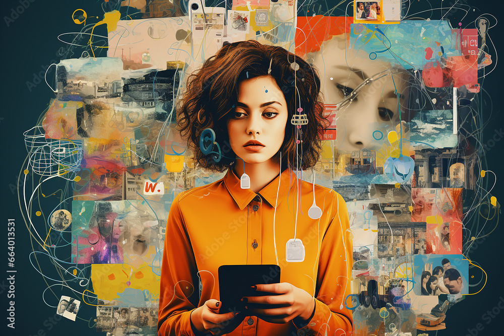 collage illustration of a woman overwhelmed by virtual connections and ...