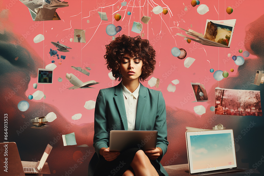 collage illustration of a woman overwhelmed by virtual connections and ...