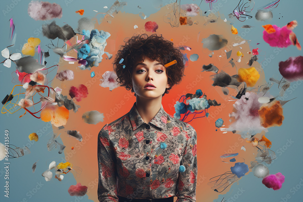 collage portrait of a woman overwhelmed by virtual connections and or ...